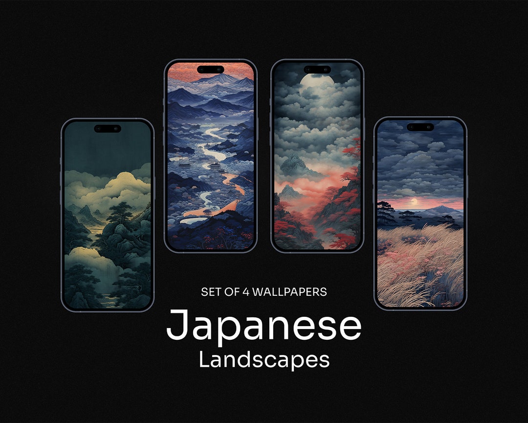 Japanese Traditional Landscape Bundle, Set of 4 iPhone Wallpaper, Ukiyo-e Style Digital Art ...