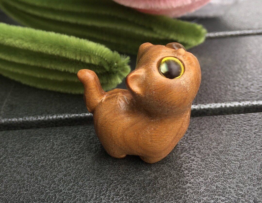 Kawaii Wooden Cat Statue, Wooden Cat, Handmade Carving Cat, Wood Cat ...