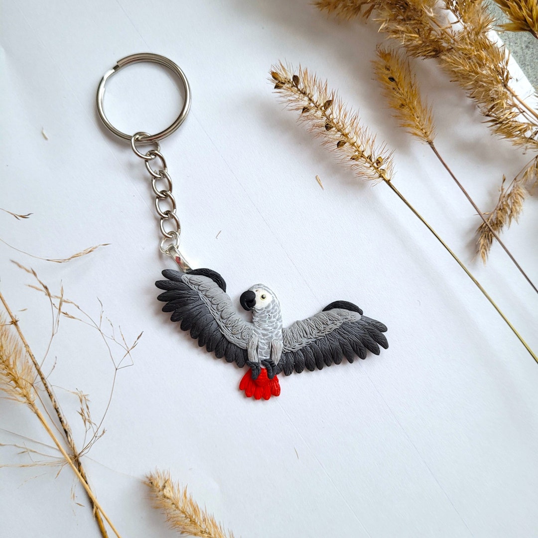 African Grey Flying Parrot Key Chain , Handmade, Parrot Figurine Made ...