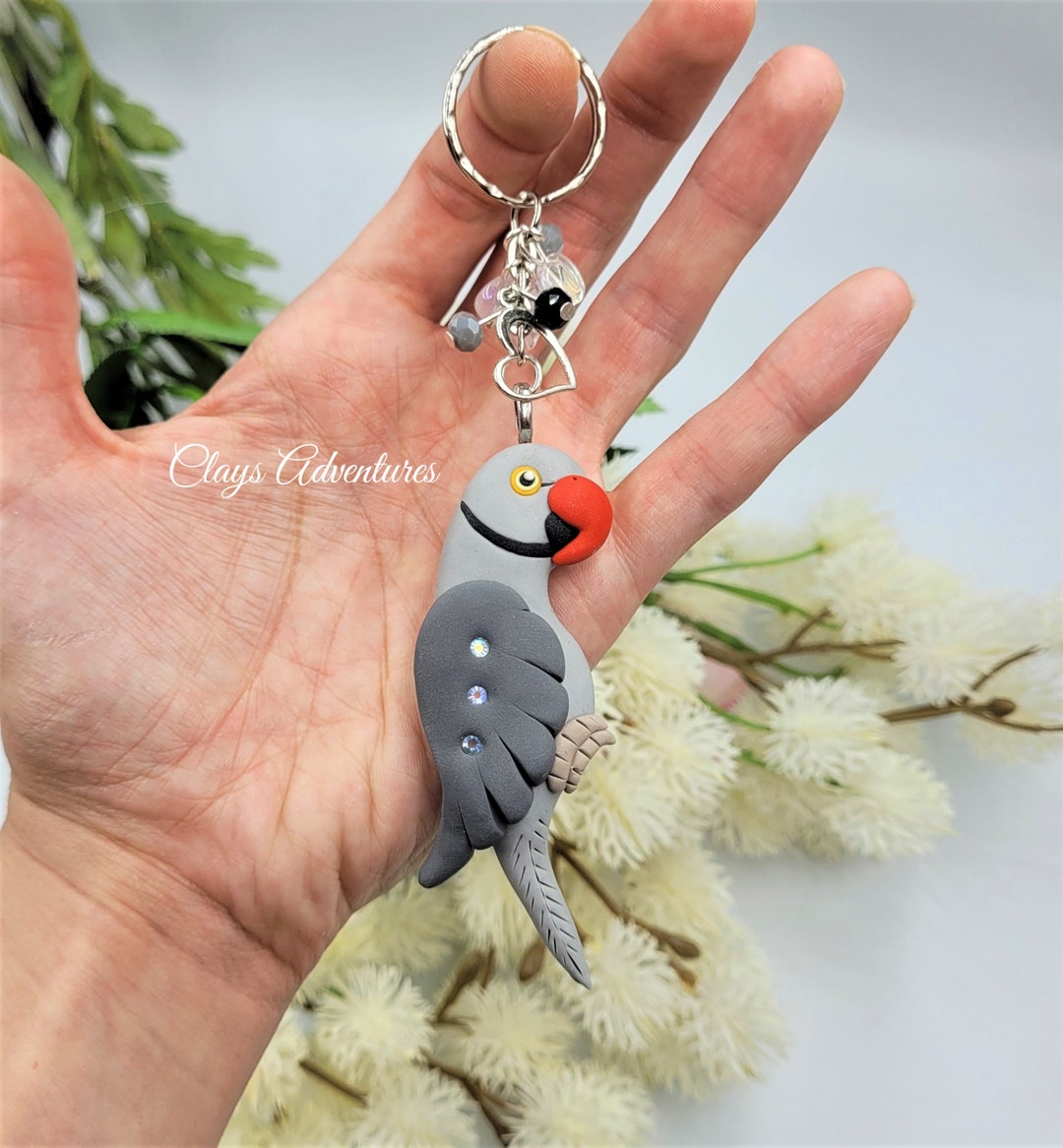 Grey Ringneck Parrot Keychain , Handmade, Parrot Figurine Made of ...
