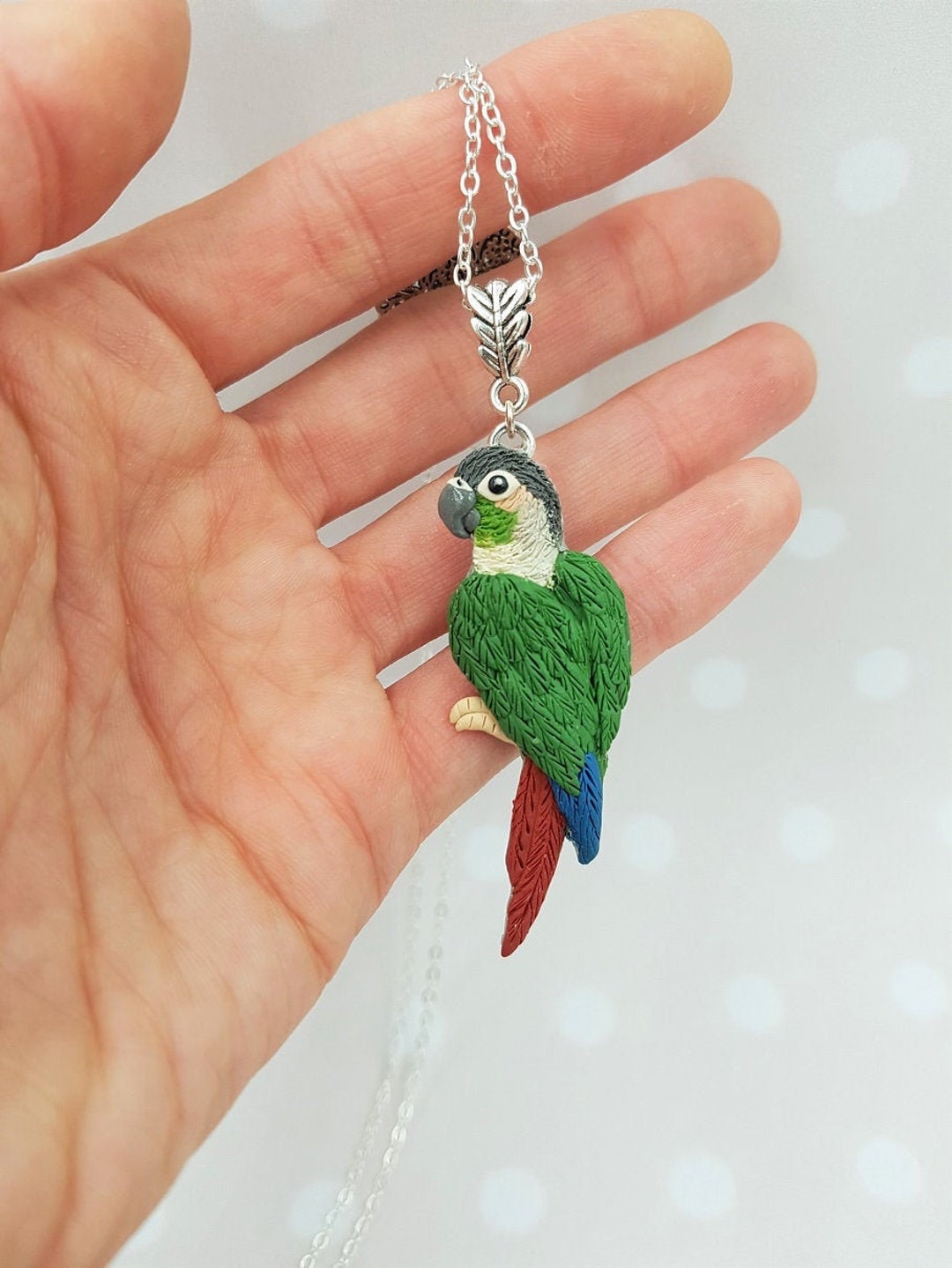 Parrot Necklace Green Cheek Conure , Handmade, Parrot Figurine Made of ...