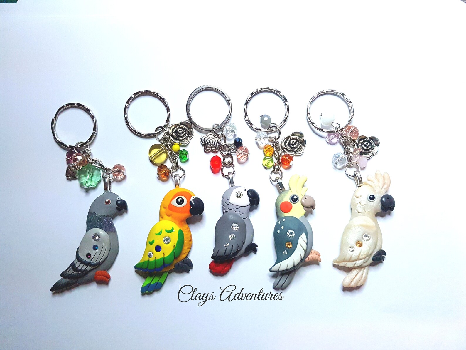African Grey Parrot Keychain , Handmade, Parrot Figurine Made of ...