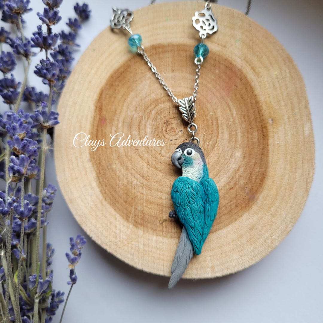 Turquoise Green Cheek Conure Parrot Necklace, Handmade, Parrot Figurine ...