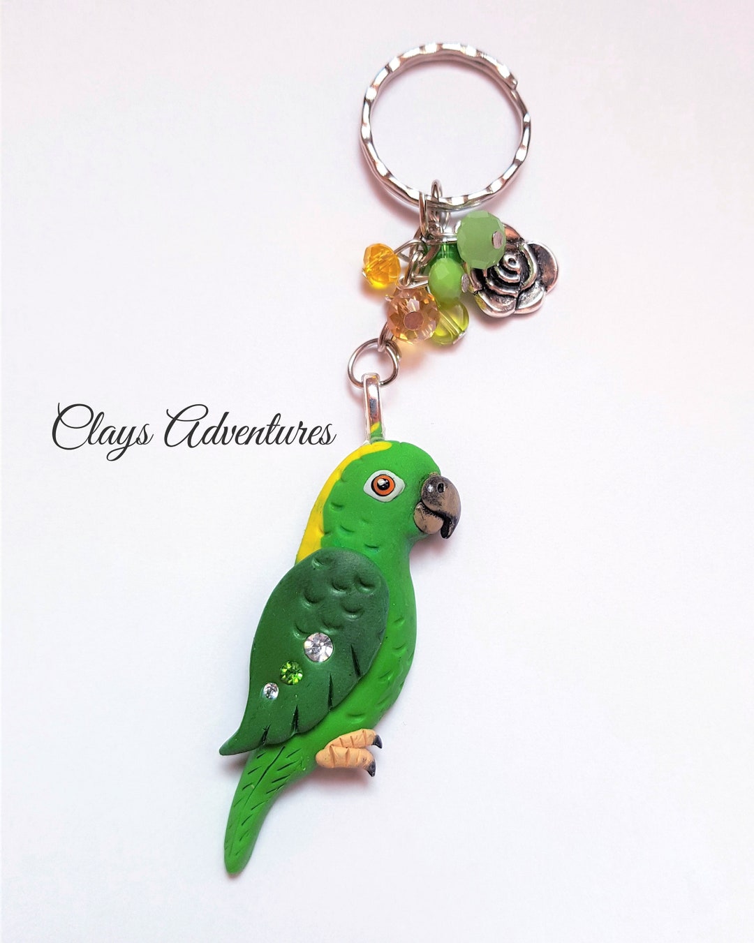 Yellow Naped Amazon Parrot Key Chain , Handmade, Parrot Figurine Made ...