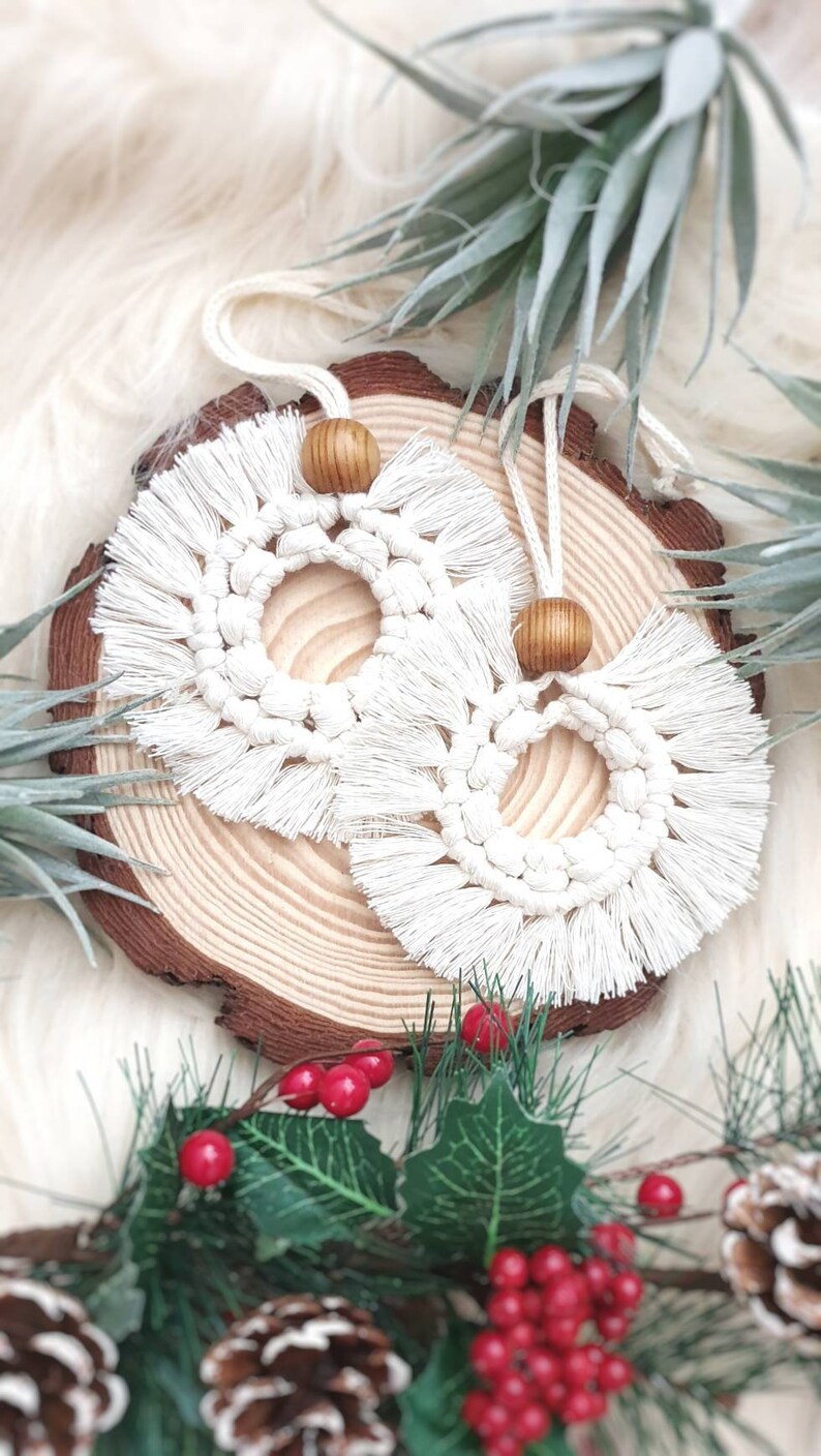 Set of 4 Natural Cotton Christmas Macrame Baubles White | Etsy