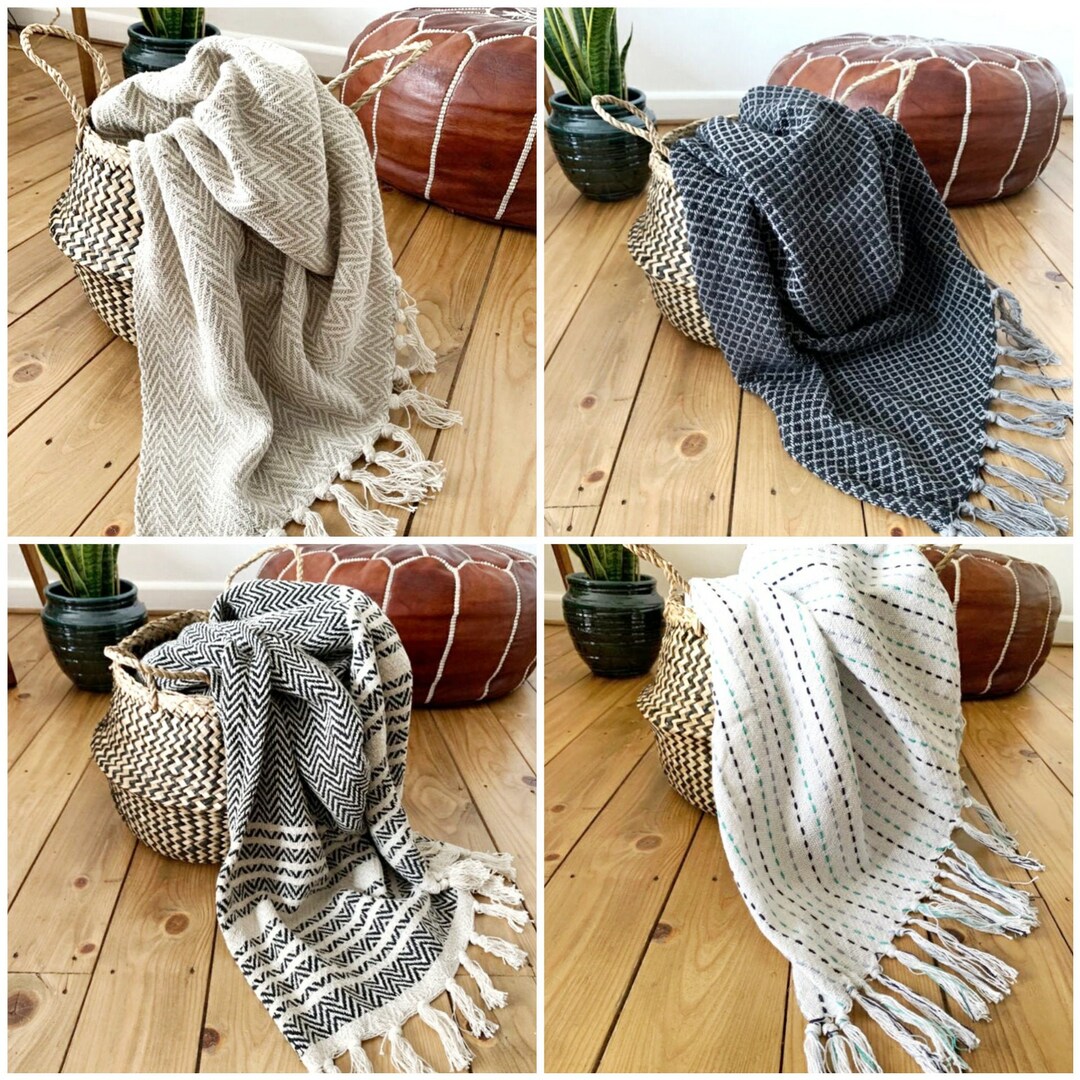 Handwoven Cotton Throw, Garden Blanket With Tassels, Furniture Throw ...