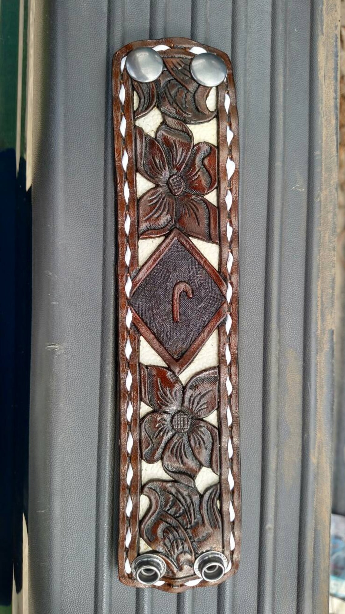 Custom Tooled Leather Bracelet With Inlay and Buckstitch, Western ...