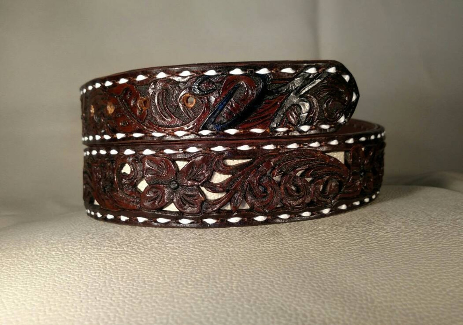 Buckstitched Custom Leather Belt, Hand Tooled Leather Belt, Custom Belt ...