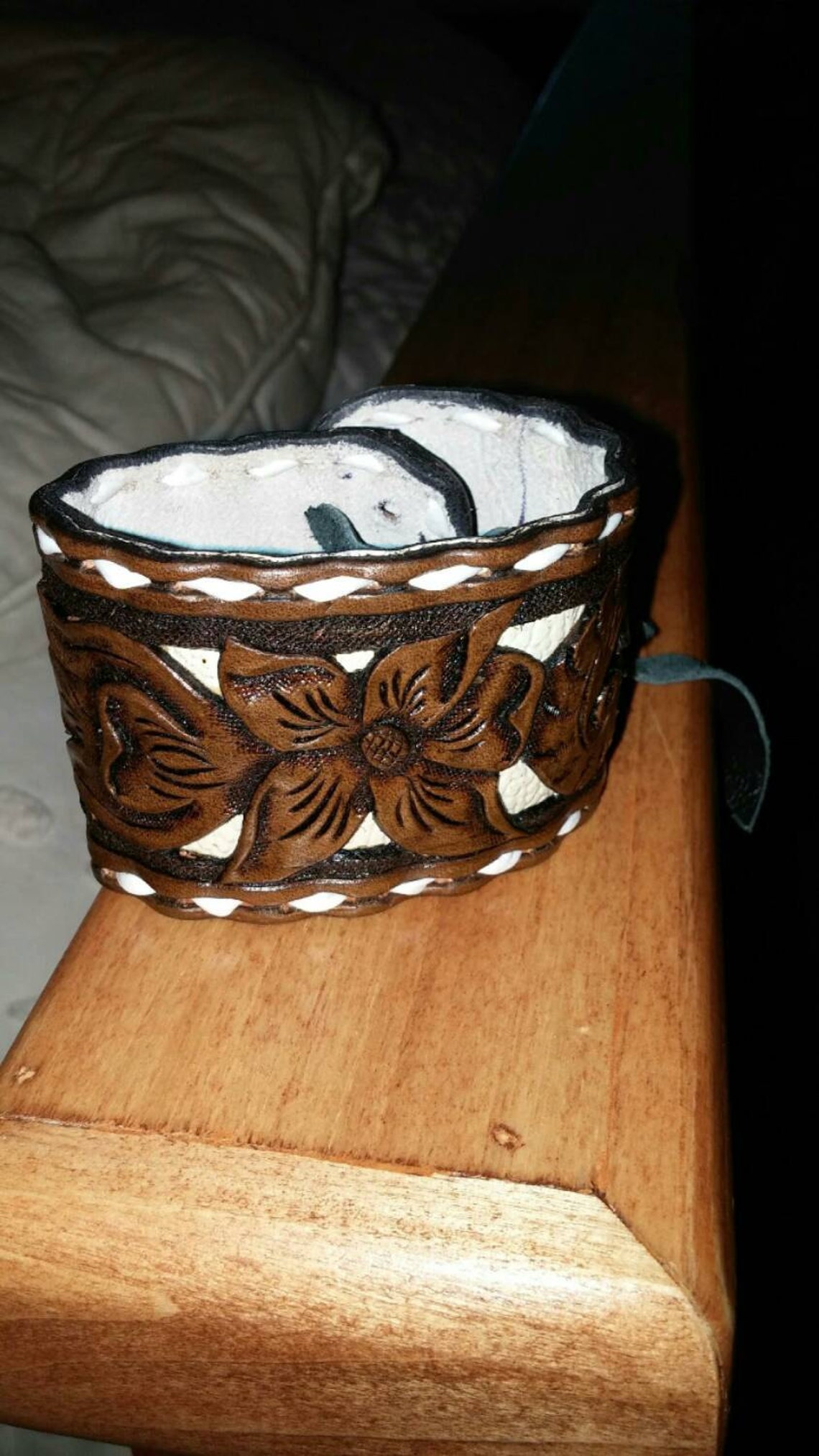 Custom Tooled Leather Bracelet With Inlay and Buckstitch, Western ...