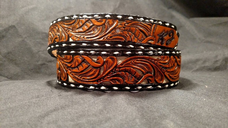 Buckstitched Custom Leather Belt Hand Tooled Leather Belt | Etsy UK