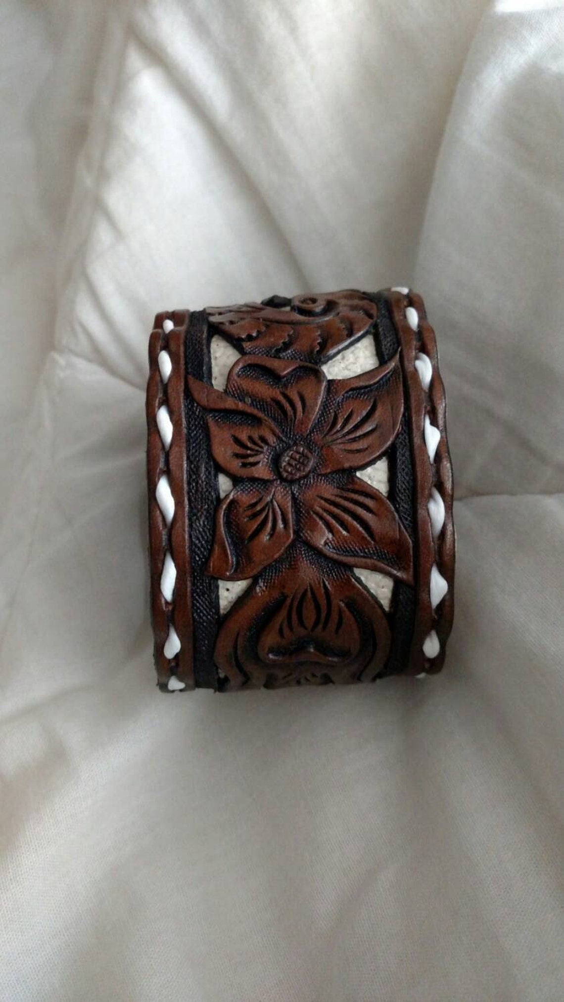 Custom Tooled Leather Bracelet With Inlay and Buckstitch, Western ...