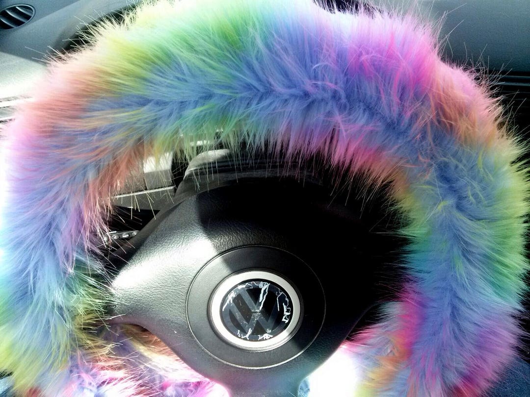 Fuzzy Car Accessories: Rainbow Steering Wheel Cover Set - Etsy