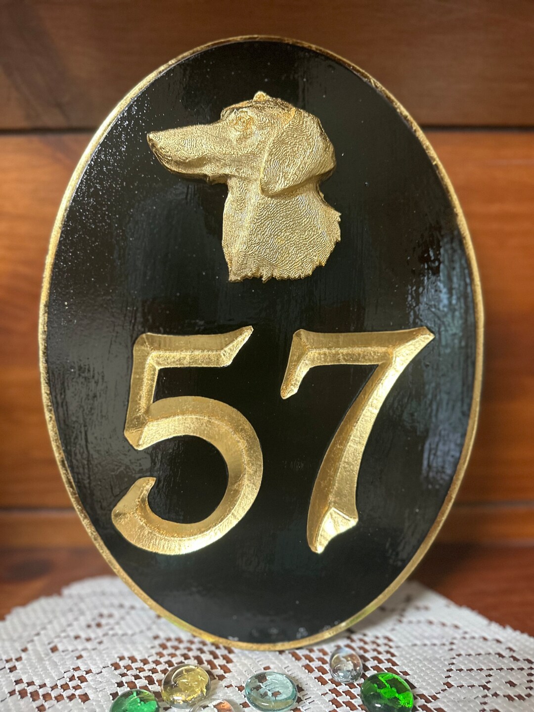 Outdoor Address Sign, 23K Gold Leaf Carved Signs, 3D Daschund, Mounted ...