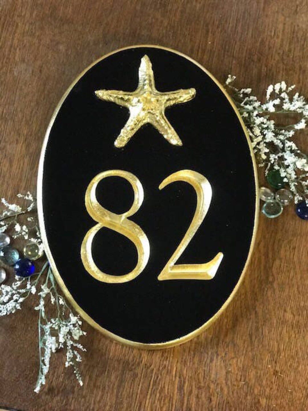 Address Sign, 23k Gold Leaf Sign, Gold Leaf Starfish, Carved Letters ...