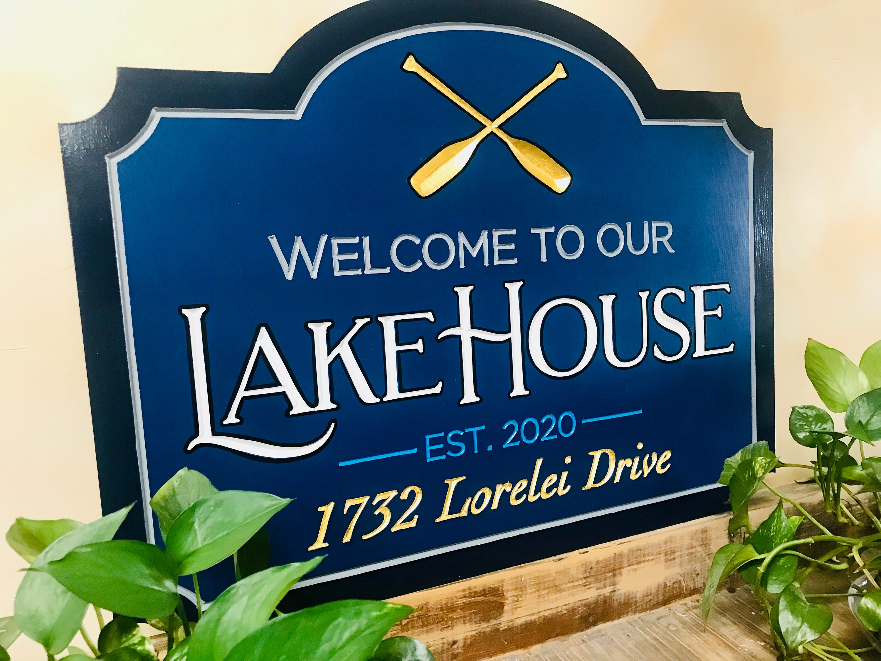 Custom Carved Outdoor Sign , 23K Gold Leaf Sign , Hanging Sign, Lake ...