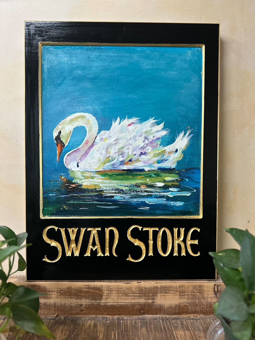 Custom Carved HDU Sign, 23k Gold Leaf Sign, Hand Painted Swan, Hanging ...