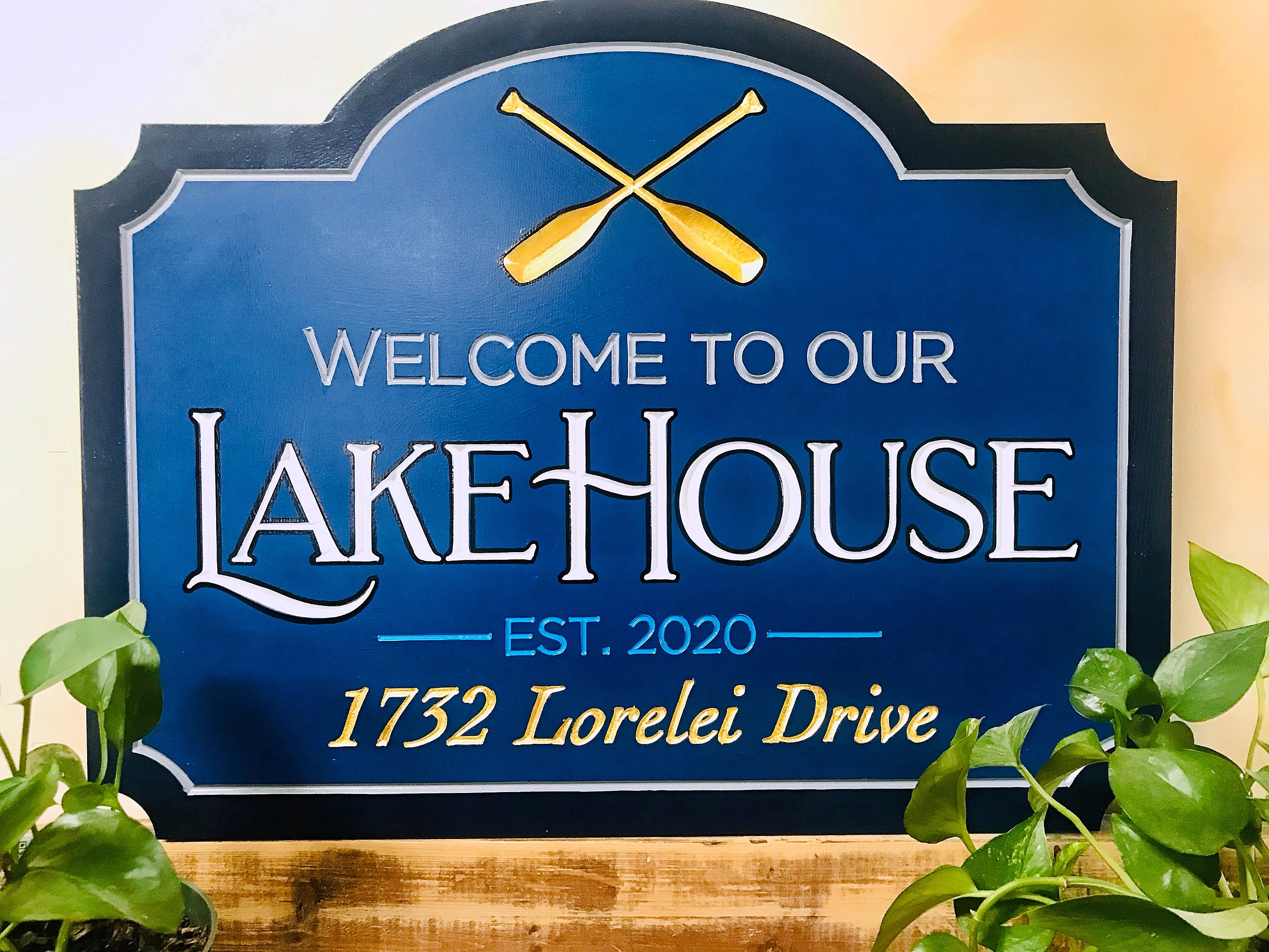 Custom Carved Outdoor Sign , 23K Gold Leaf Sign , Hanging Sign, Lake ...