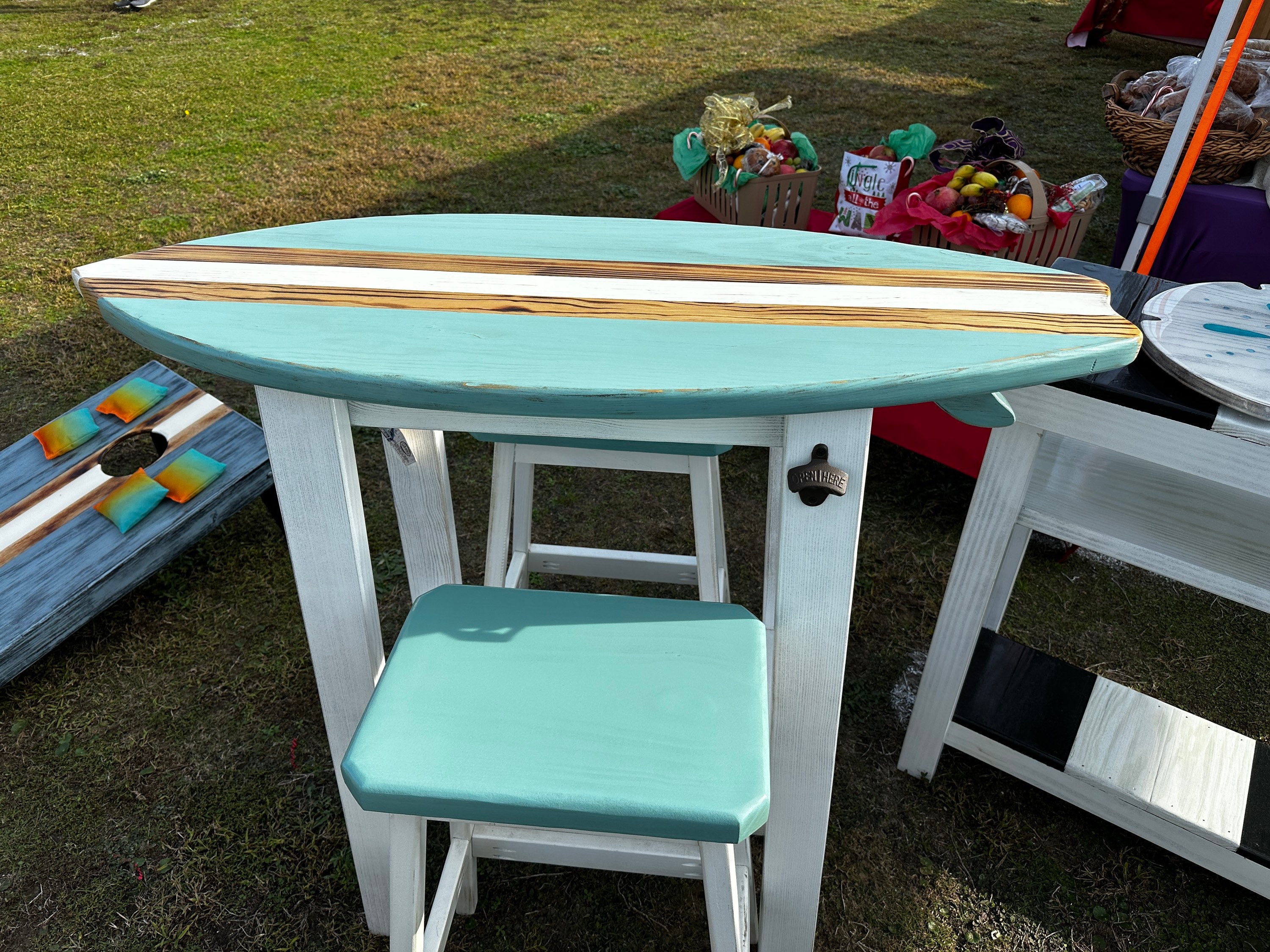 4 Foot Surfboard Table with 2 Stools Bar Height table Made in North Carolina Carolina Beach 42 Tall Pub Table Bar Table