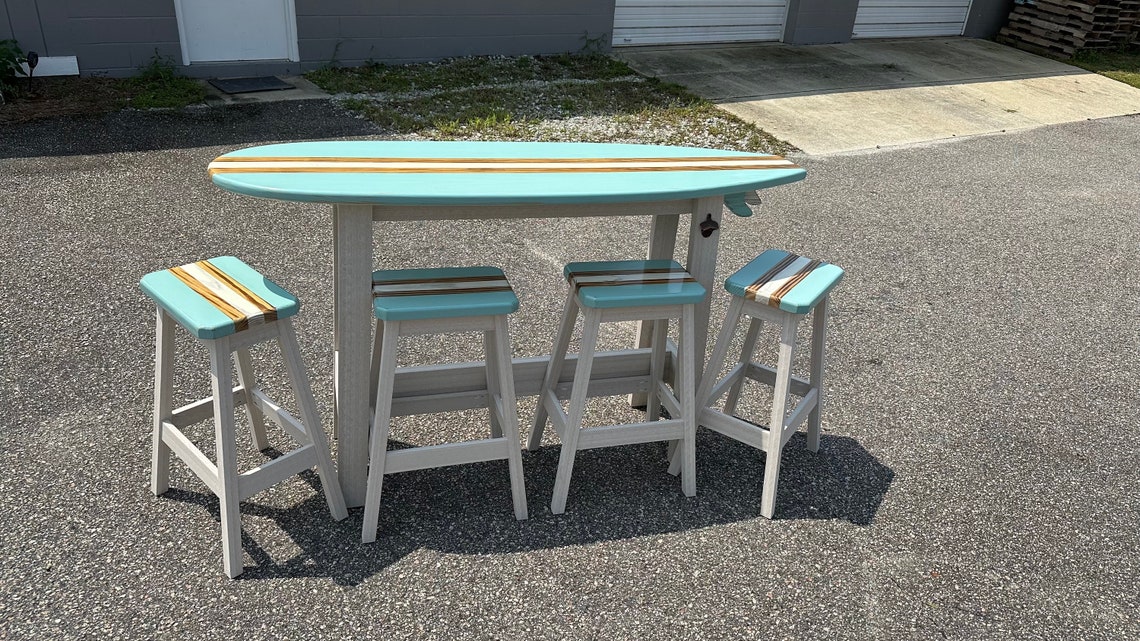 6 Foot Surfboard Table With 4 Stools, Bar Height Table, 42" Tall, Pub ...