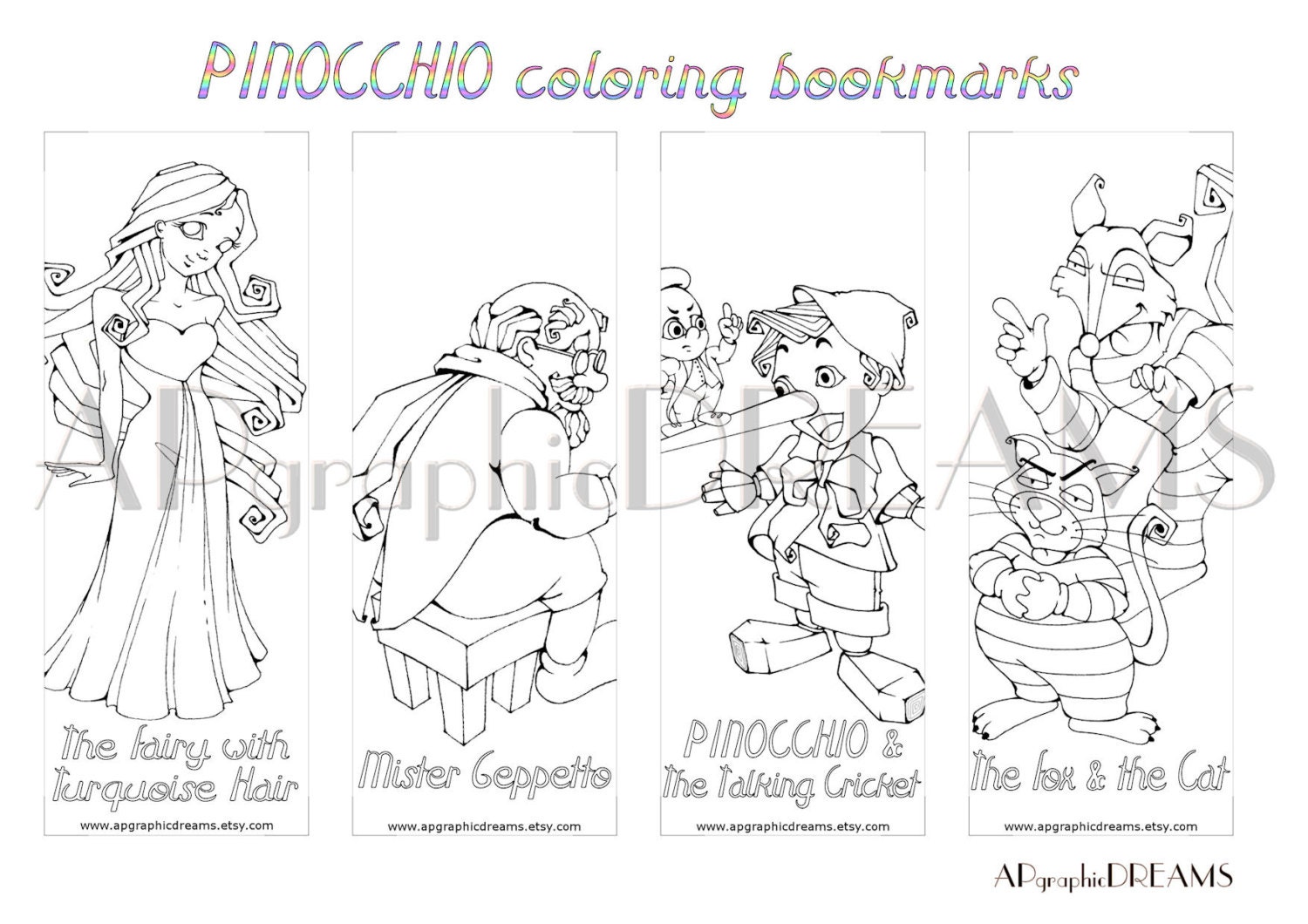 Printable Coloring Bookmarks for Adults and Kids. Pinocchio - Etsy