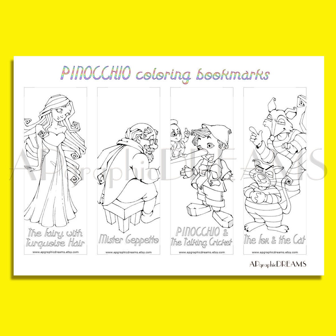 Printable Coloring Bookmarks for Adults and Kids. Pinocchio - Etsy