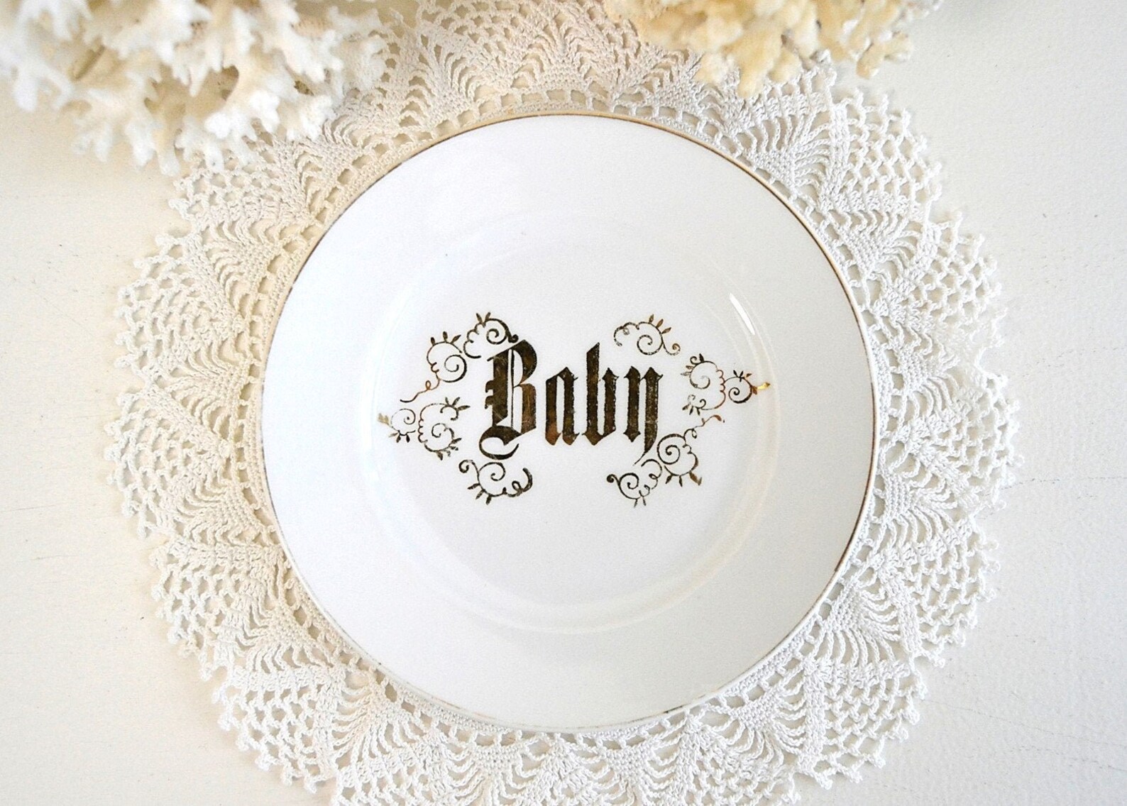 Vintage white gold BABY ceramic plate baby shower nursery gift | Etsy