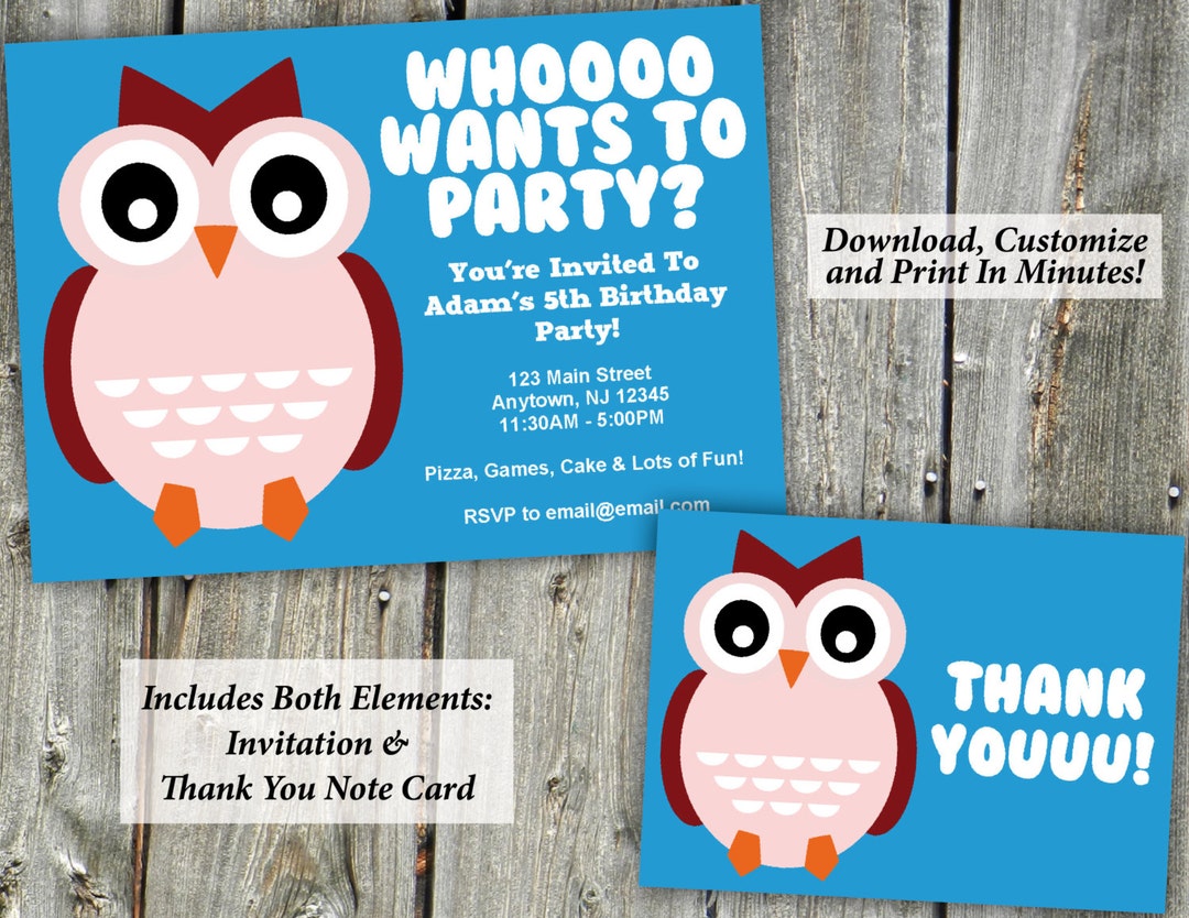 Cute Owl Birthday Invitation + Thank You Notes | Editable PDF Instant ...