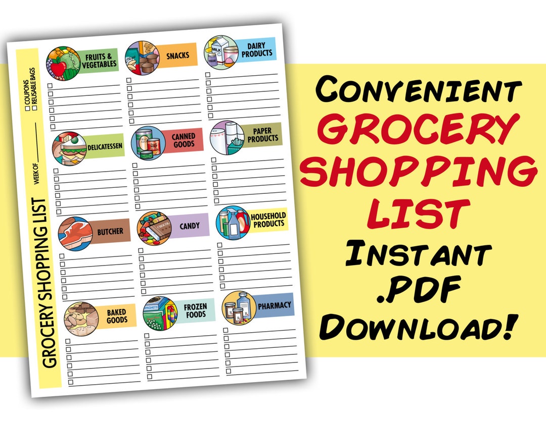 Convenient Grocery Shopping List - Instant .PDF Download! Never Forget ...