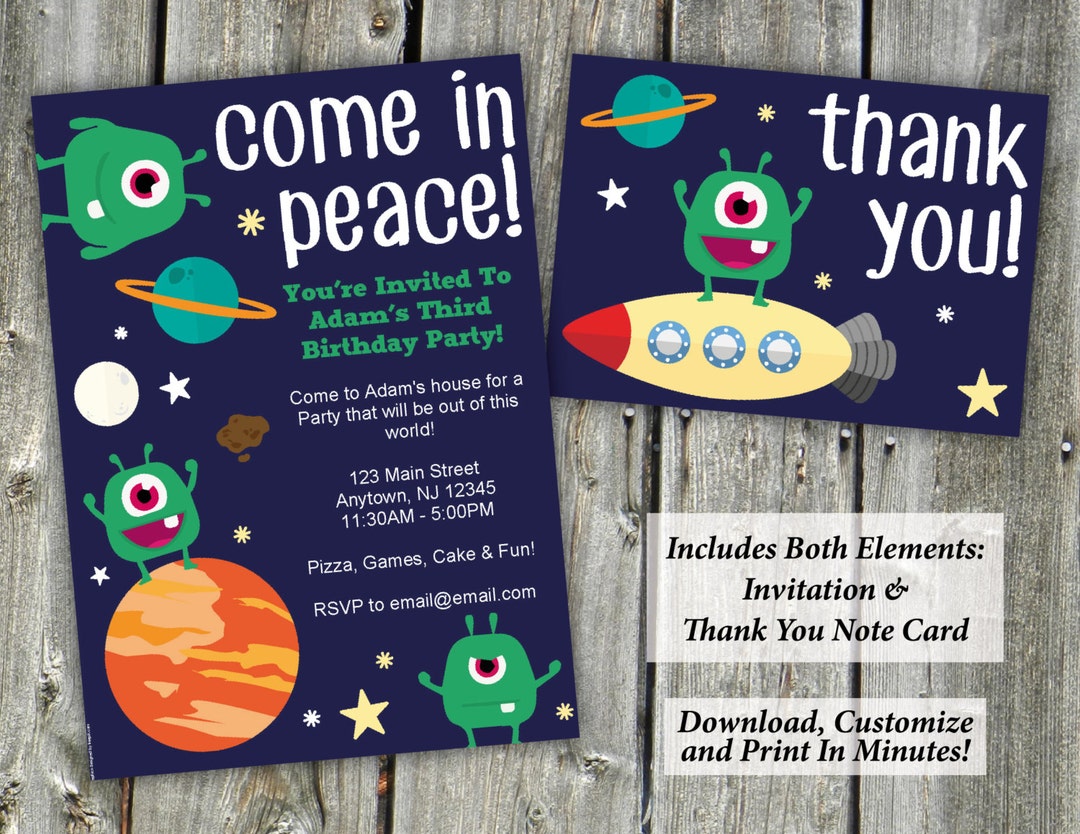 Cute Aliens Children's Birthday Party Invitation | Invitation + Thank ...