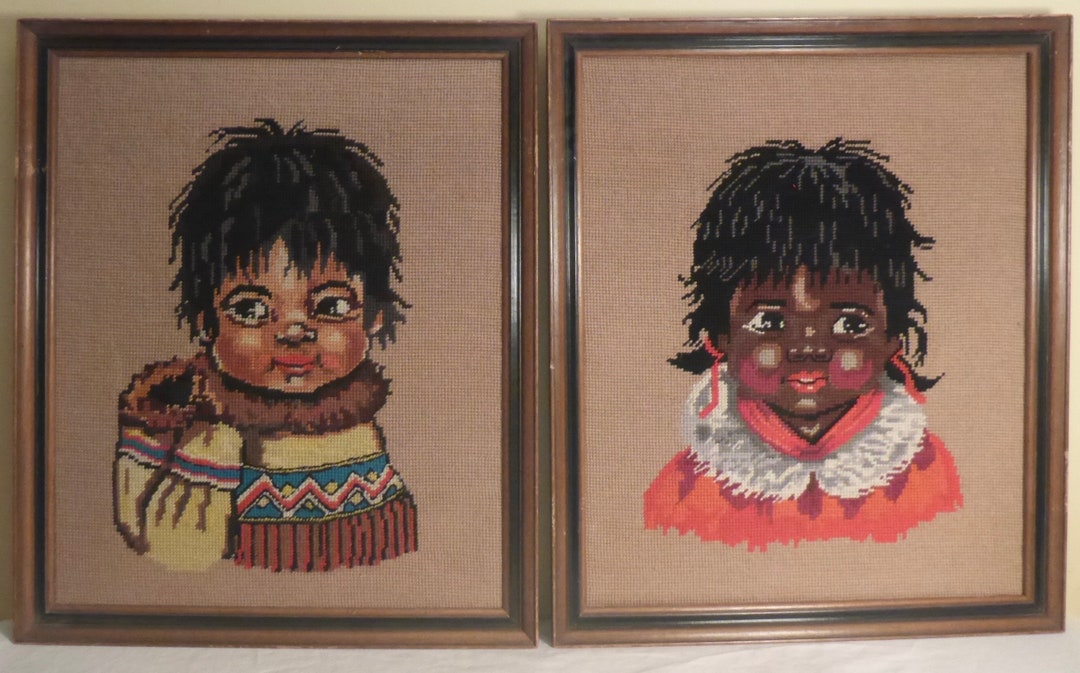 2 Completed First Nations Children Needlepoints- 2 Vintage Native ...