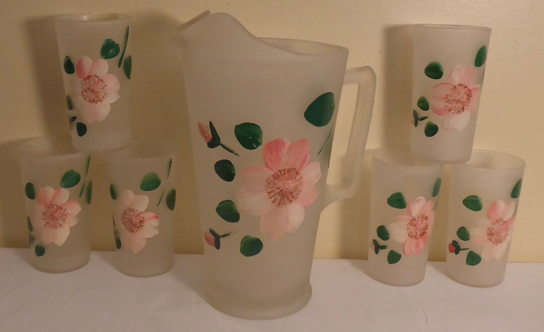 1950's Federal Glass White Frosted Pitcher & 6 Glasses Handpainted ...