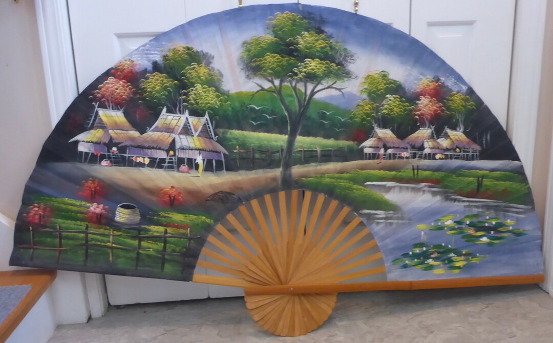Large Vintage Hand Painted Chinese Fan - Large Vintage Oriental Hand ...