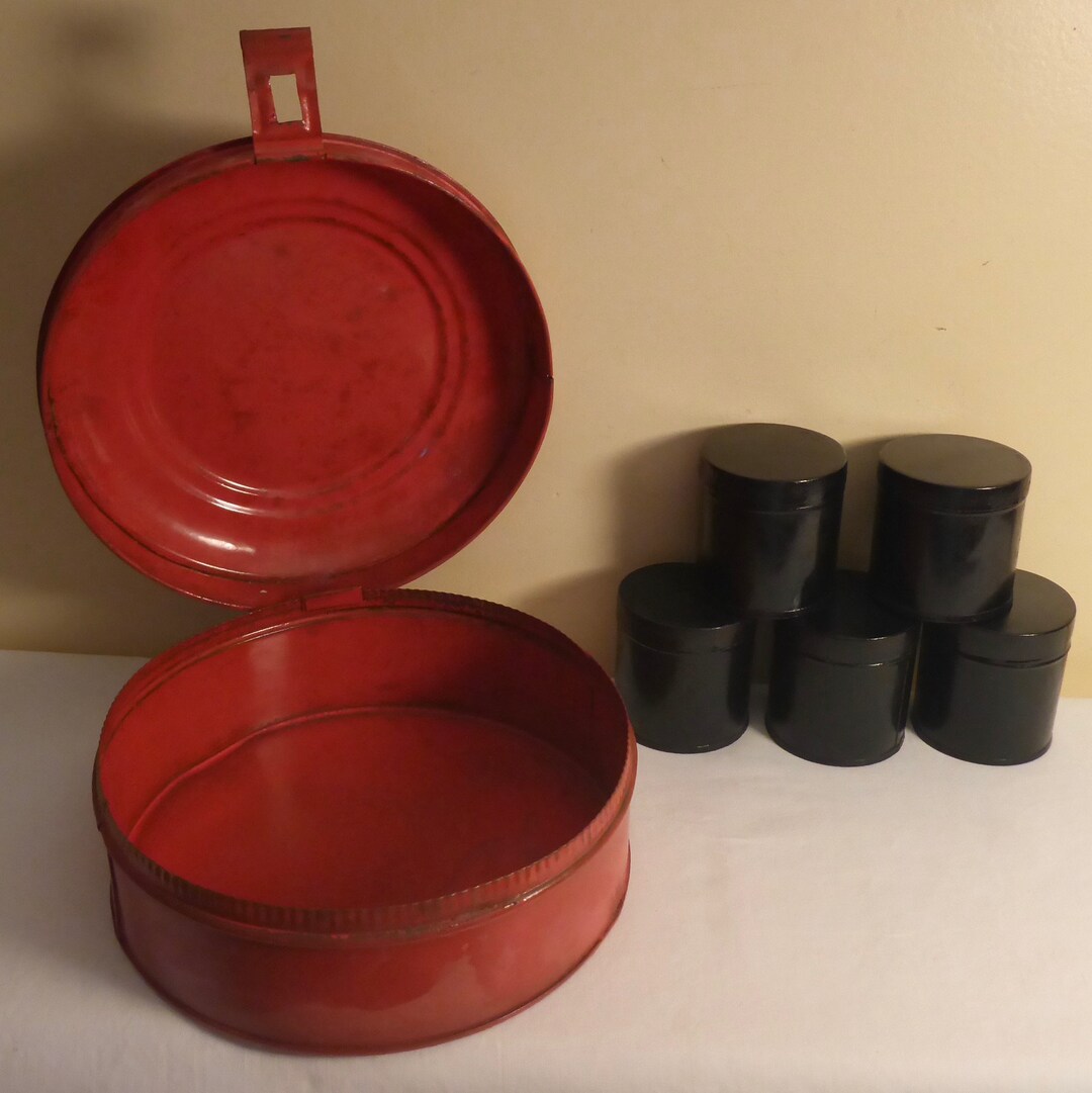 Antique Red Metal Spice Box With 5 Spice Tins - Antique Metal Spice Box ...