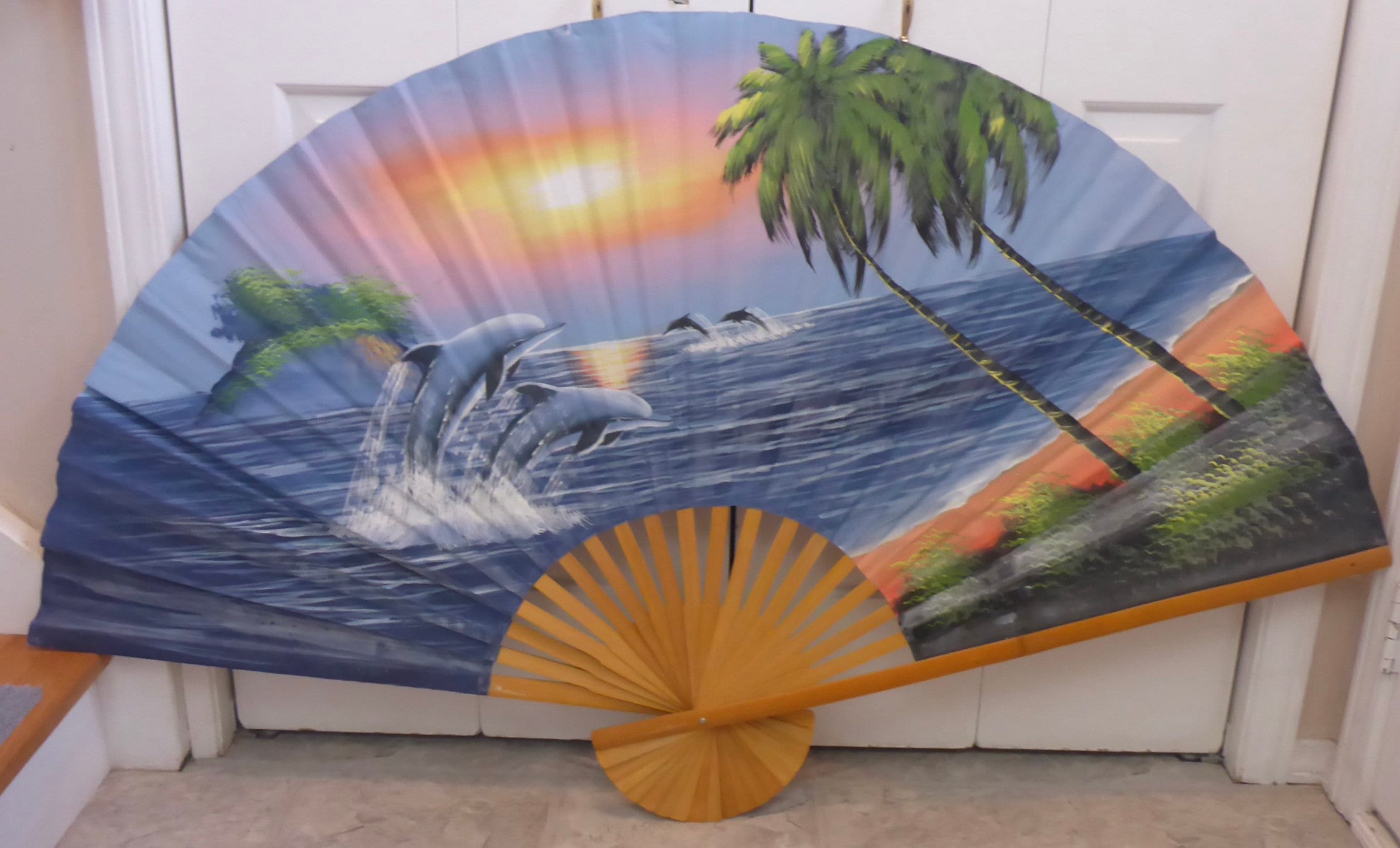 Vintage Large Chinese Hand Painted Fan With Dolphin Scene | Etsy