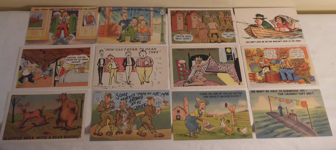 12 Vintage 1940's Comic Post Cards 8 Un-posted Comic Postcards Circa ...
