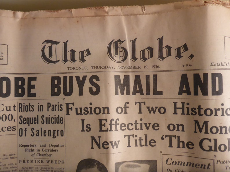 November 19 1936 The Globe Newspaper Toronto Copy of | Etsy