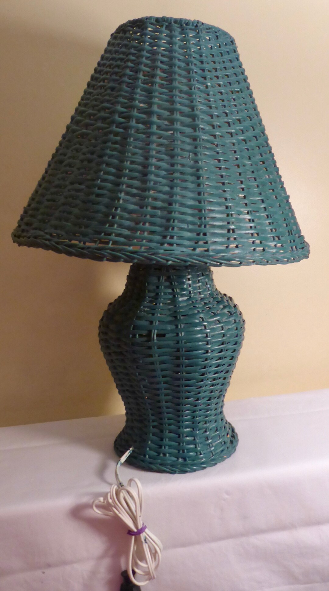 Vintage Blue Wicker Table Lamp With Wicker Shade - MCM Blue Wicker ...