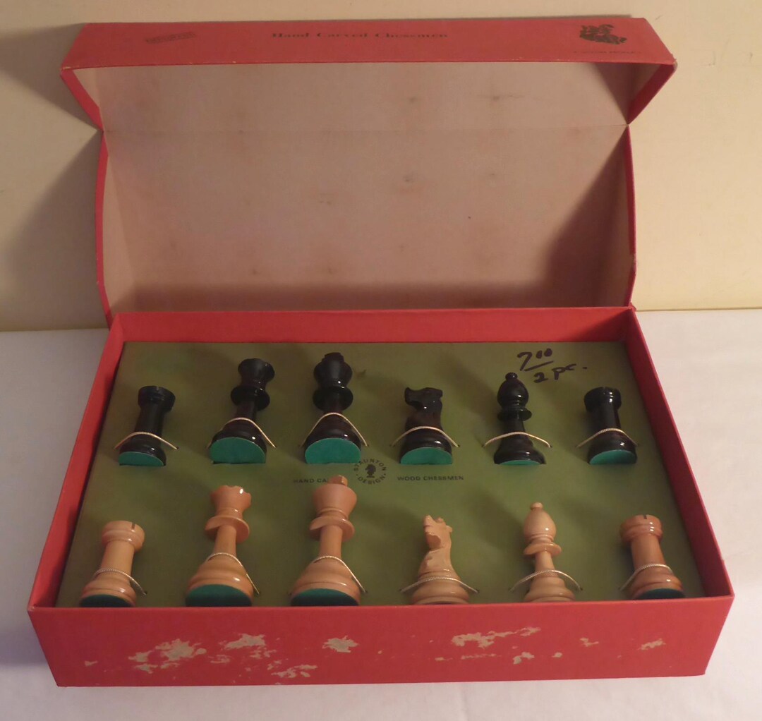 Vintage Staunton Design Hand Carved Wood Chessmen Set Original Box Made ...