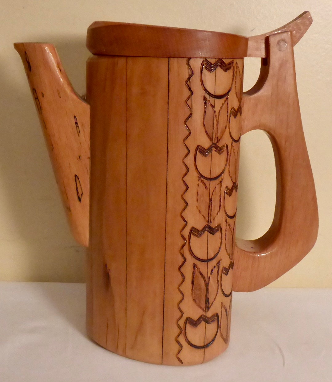 Vintage Hand Carved Wooden Coffee Pot With Pyrography Tulip Design ...