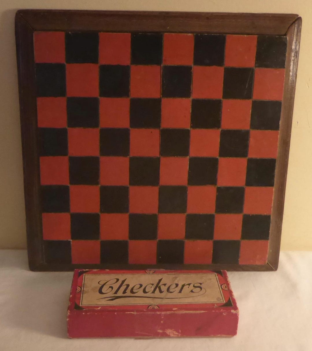 Antique Folk Art Wooden Checker Board & Wooden Checkers - Antique Hand ...
