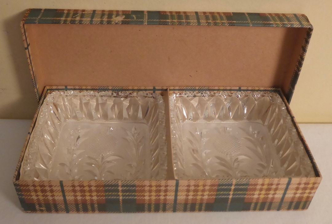 2 Vintage Scottish Thistle Cut Glass Trinket Dishes in Original Tartan ...
