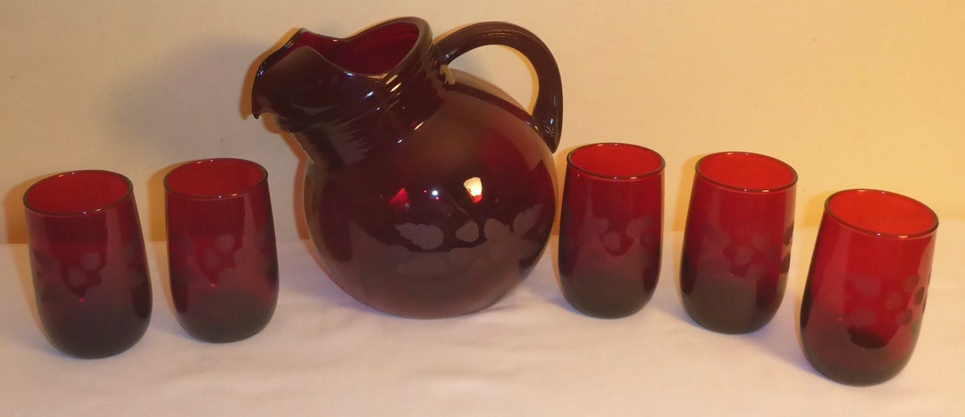 Vintage Anchor Hocking Royal Ruby Red Etched Tilt Ball Juice Pitcher ...