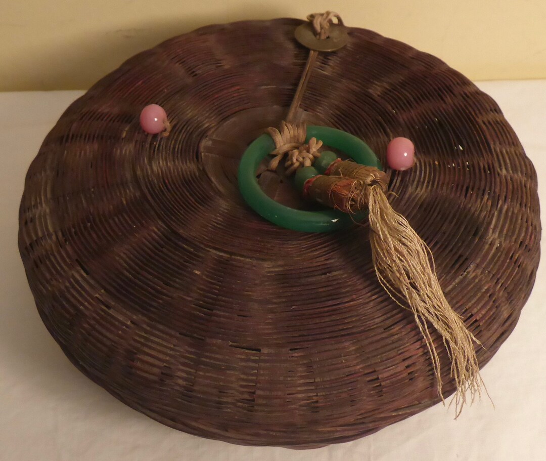 Antique Chinese Wicker Sewing Basket With Glass Ring Glass Beads & Coin ...