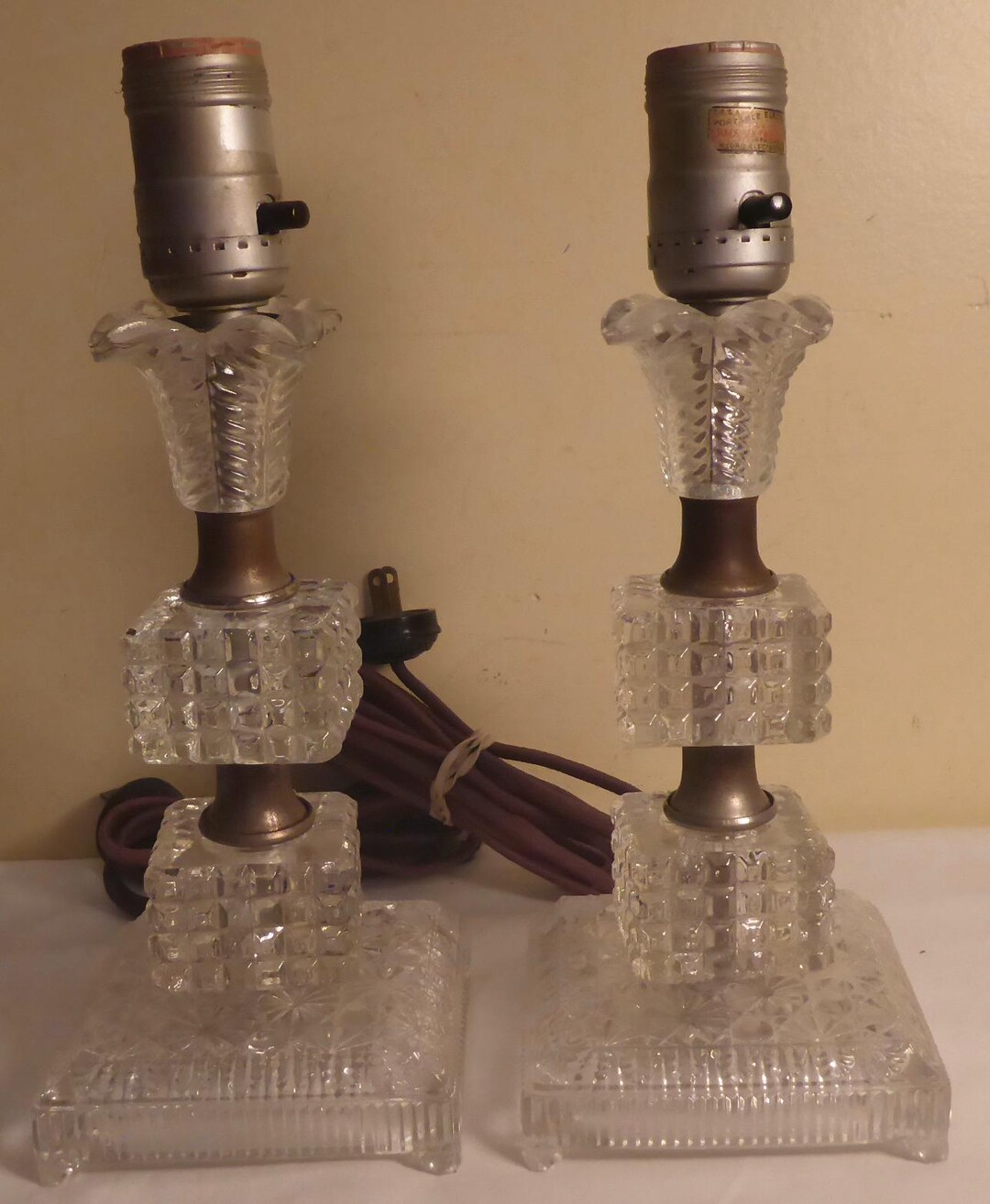 Pair of Vintage 1940's Pressed Glass Stacked Boudoir Lamps - 2 Antique ...