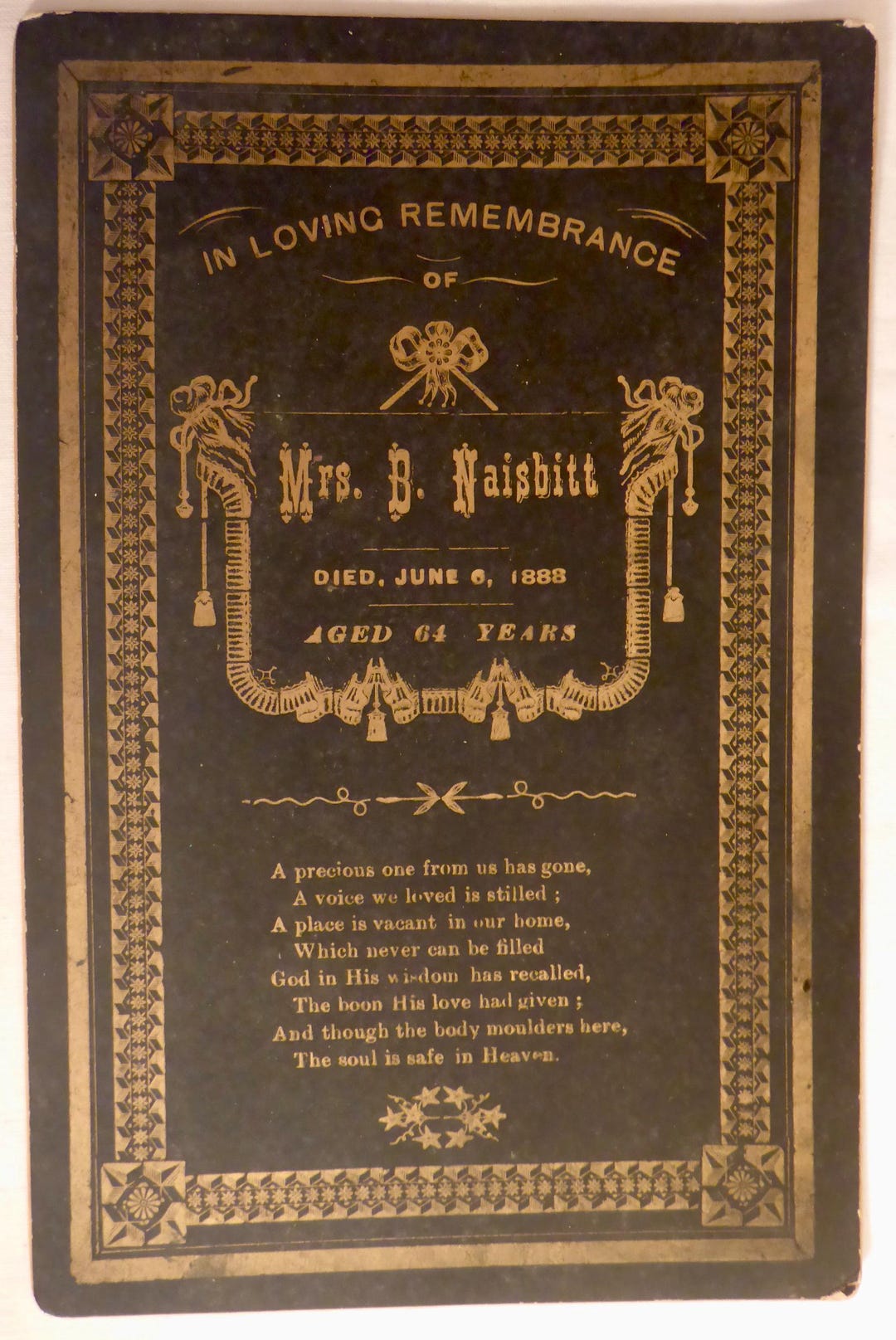 1888 Victorian Funeral Mourning Card Mrs. B. Naisbitt - 1800's Funeral ...
