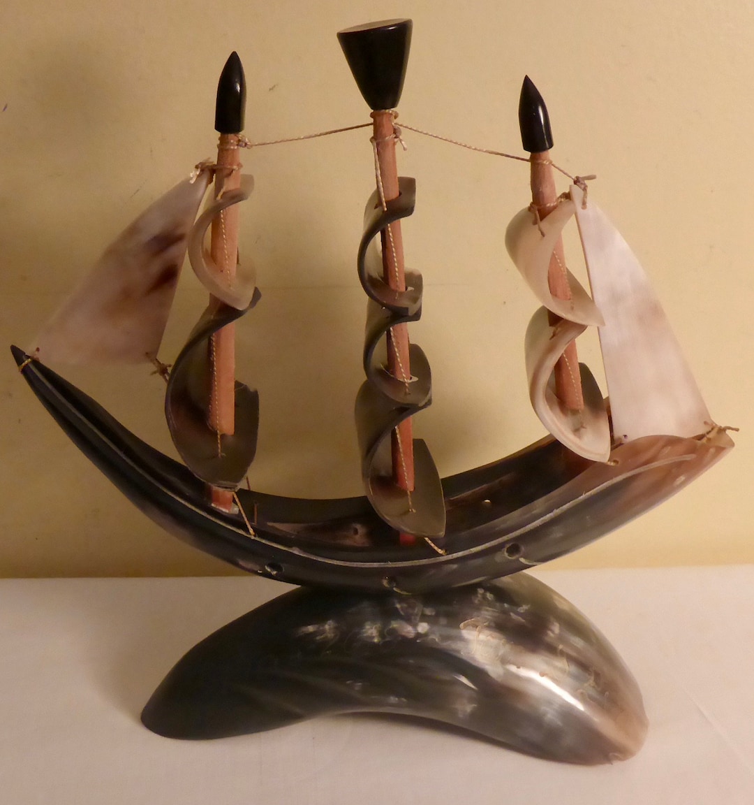 Signed Vintage Bull Horn Pirate Ship - Signed Hand Crafted Real Horn ...