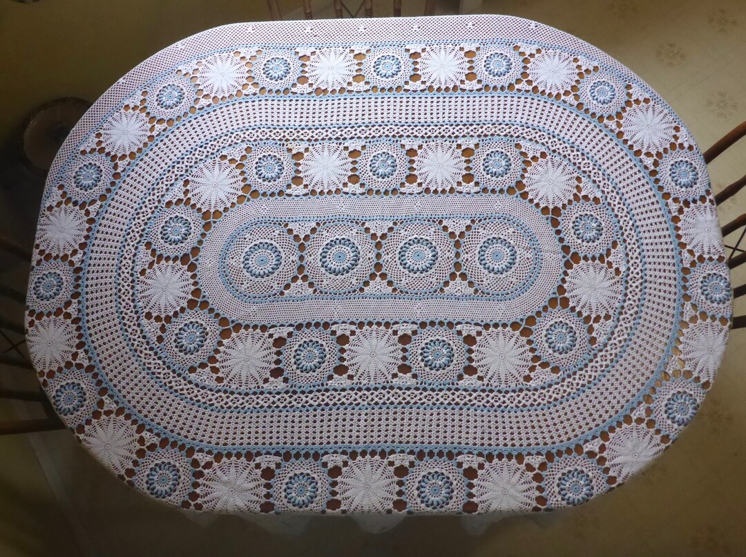 Vintage White & Blue Oval Hand Crocheted Tablecloth - Grandma's Hand ...