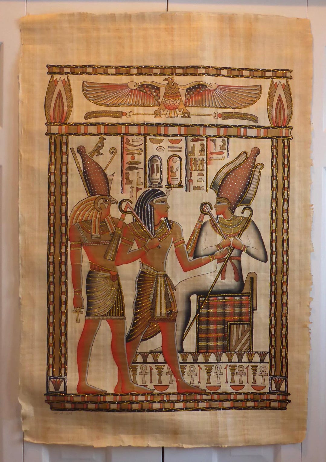 Large Signed Egyptian Papyrus Painting - 36" X 24 1/2" - Vintage Signed ...