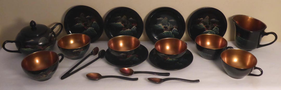 Vintage 19 Piece Wooden Black Lacquered Hand Painted Chinese Tea Set ...