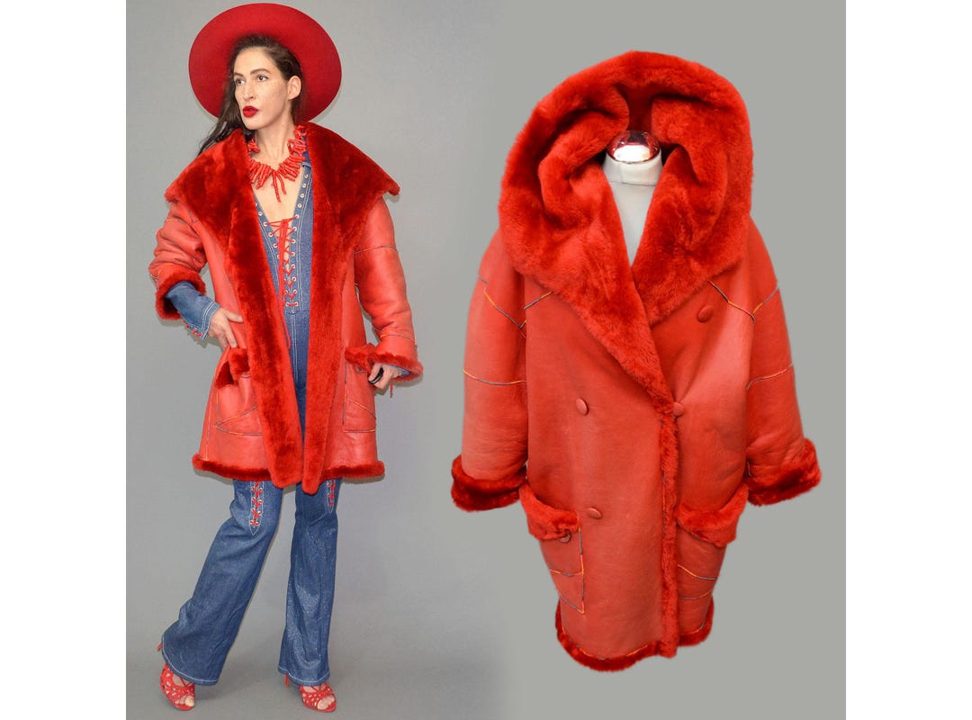 Vintage Original Shearling Lamb Sheep Fur Lined FIREY RED Dyed Cocoon ...